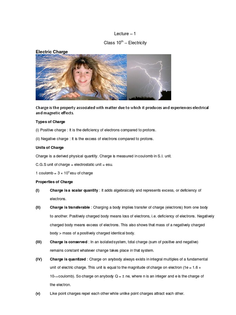 Electric Charge: - 1 Class 10 - Electricity | PDF | Electric Charge ...