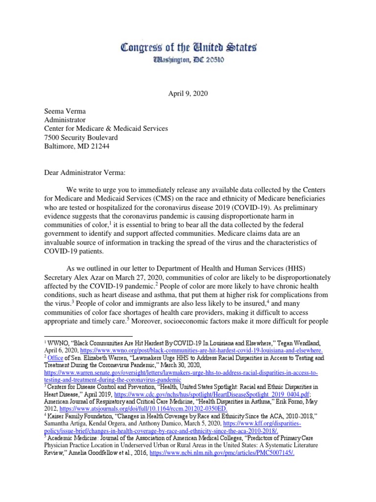 2020.04.09 Letter To CMS Re COVID Demographic Data | PDF | Medicare ...