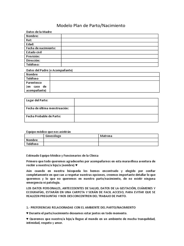 Modelo Plan de Parto | PDF | Parto | Salud maternal