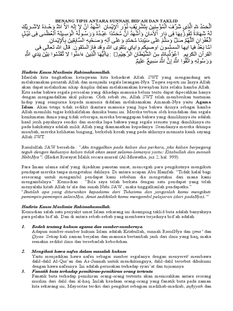Benang Tipis Antara Sunnah, Bid'ah Dan Taqlid | PDF