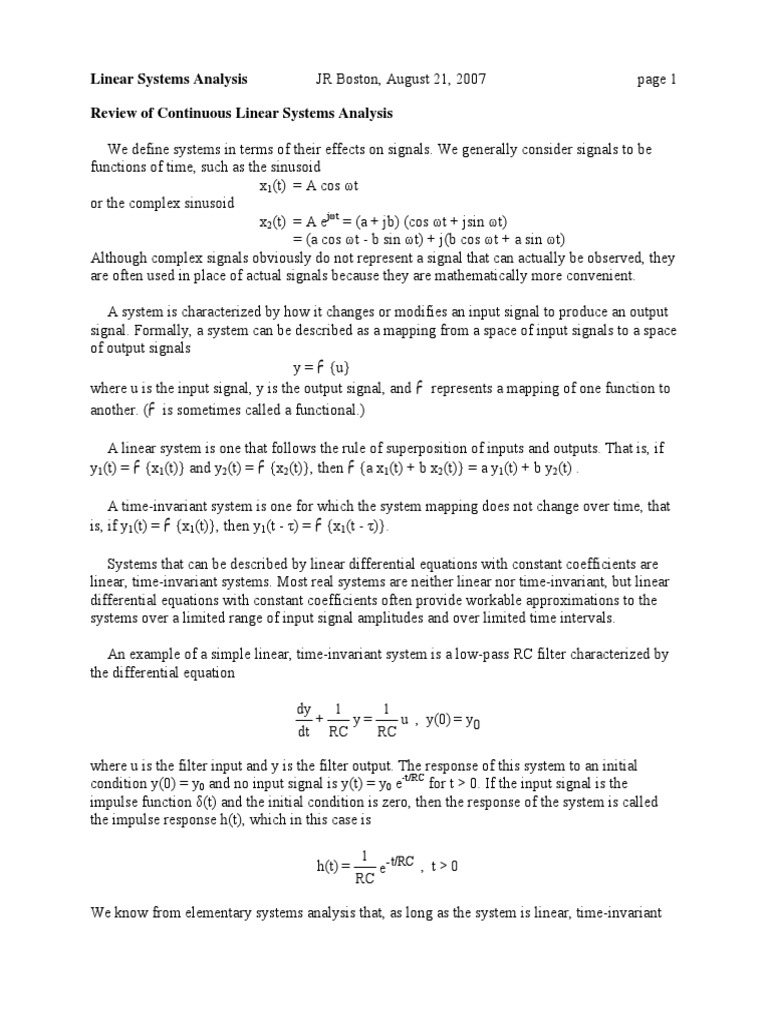 Linear Systems | PDF | Laplace Transform | Low Pass Filter