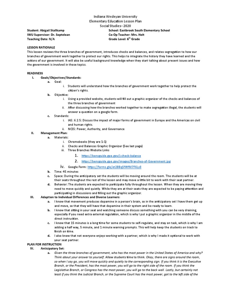 Social Studies Lesson 2 | PDF | Lesson Plan | Separation Of Powers ...