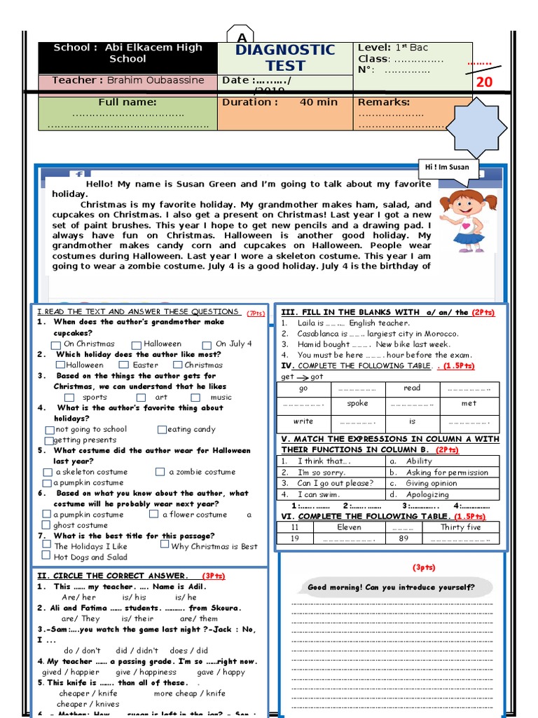 Diagnostic Test: School: Abi Elkacem High School | PDF