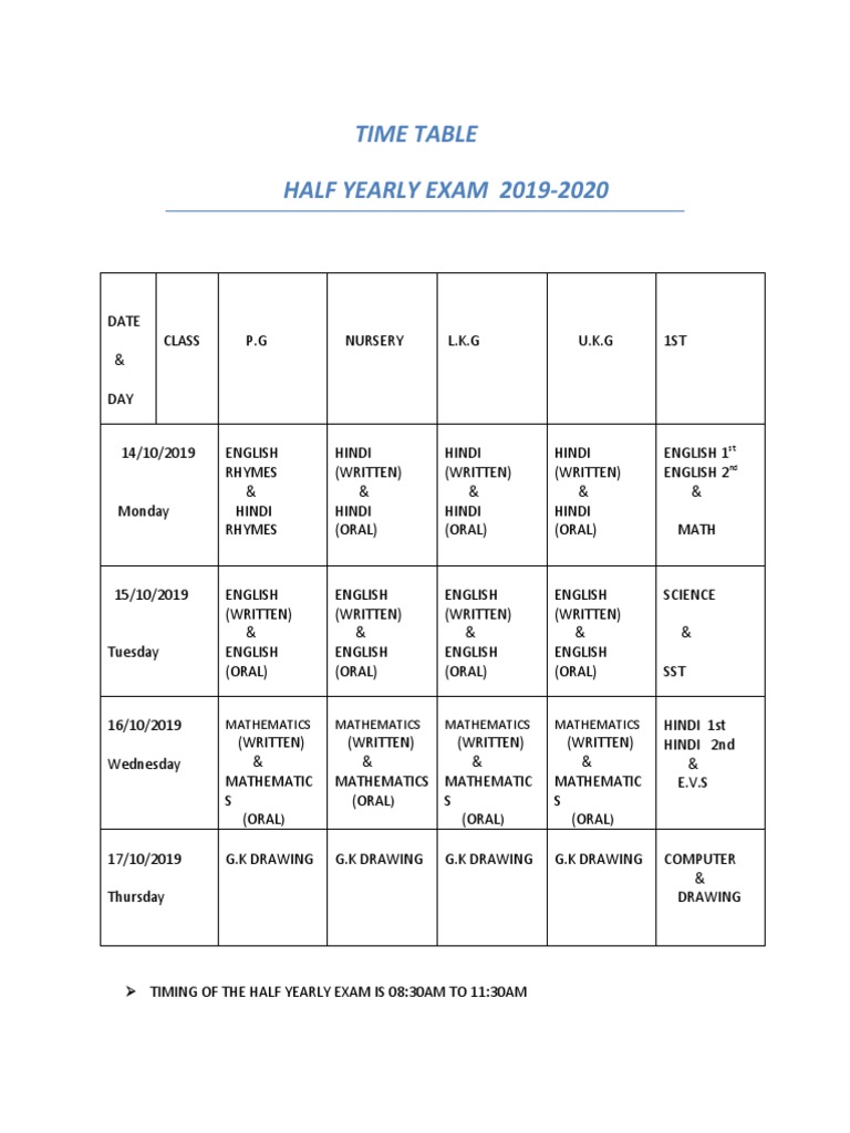 Time Table HALF YEARLY EXAM 2019-2020: Mathematics Mathematics ...