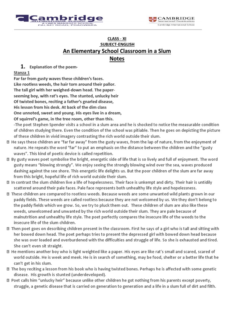 An Elementary School Classroom in A Slum Notes 1.: Class - Xi Subject ...