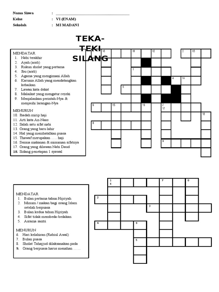 Teka-Teki Silang Agama Islam Kelas 6 | PDF