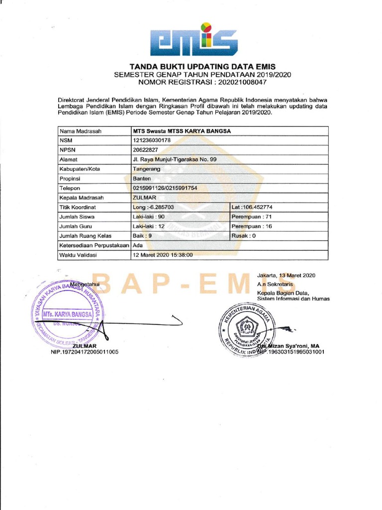 Bap Emis 2020-MTS Karya Bangsa PDF | PDF