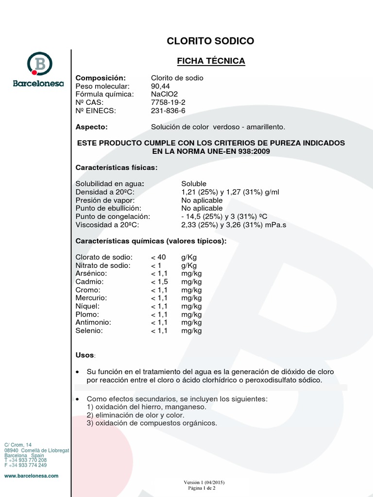 Clorito Sodico PDF | PDF | Cloro | Elementos químicos