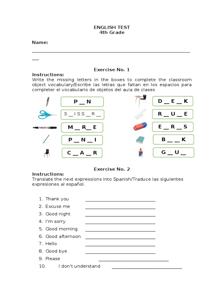4th Grade English Test Exercises | PDF | Language Arts & Discipline