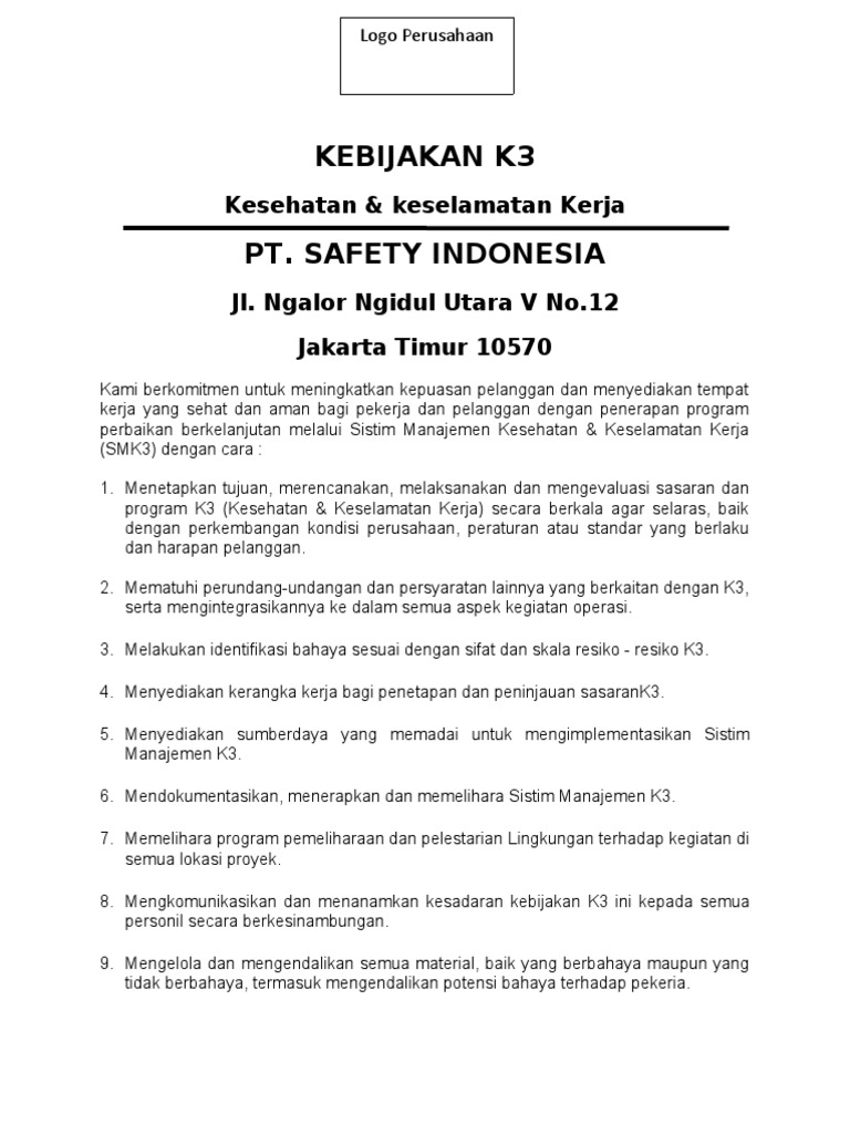 Contoh Kebijakan K3 | PDF | Bisnis