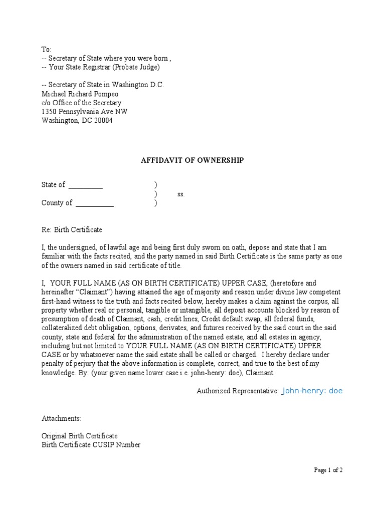 01 - Affidavit of Ownership Kenneth Example02a | PDF | Affidavit ...
