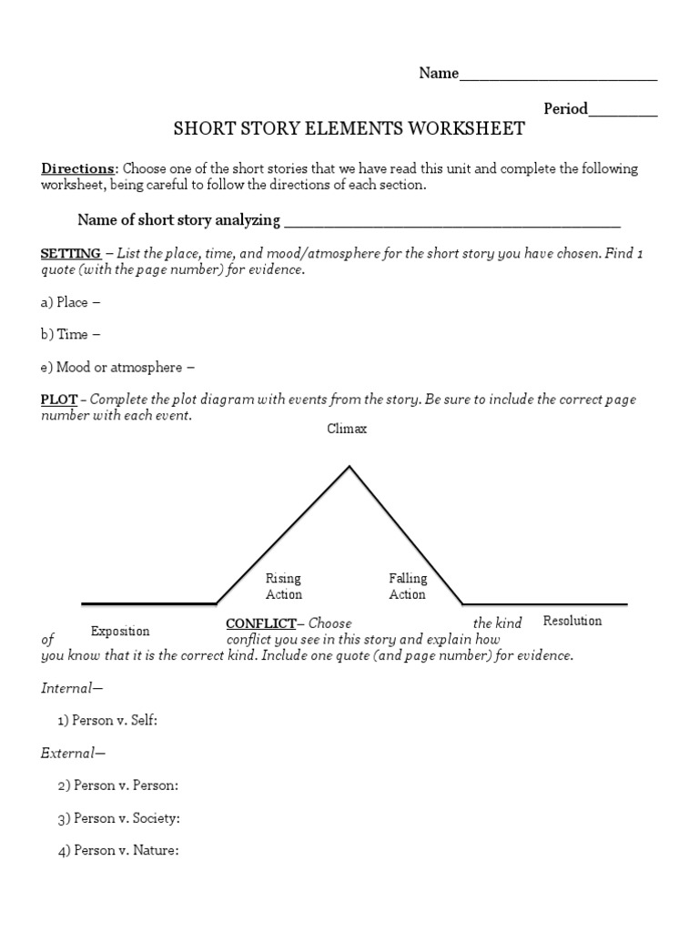 Short Story Elements Worksheet: Name - Period | PDF | Plot (Narrative ...