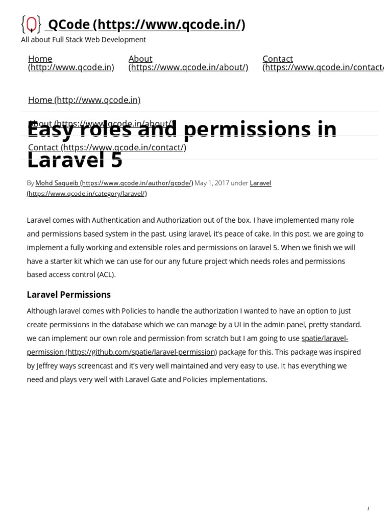Easy Roles and Permissions in Laravel 5 - QCode PDF | PDF | Mobile App | Password