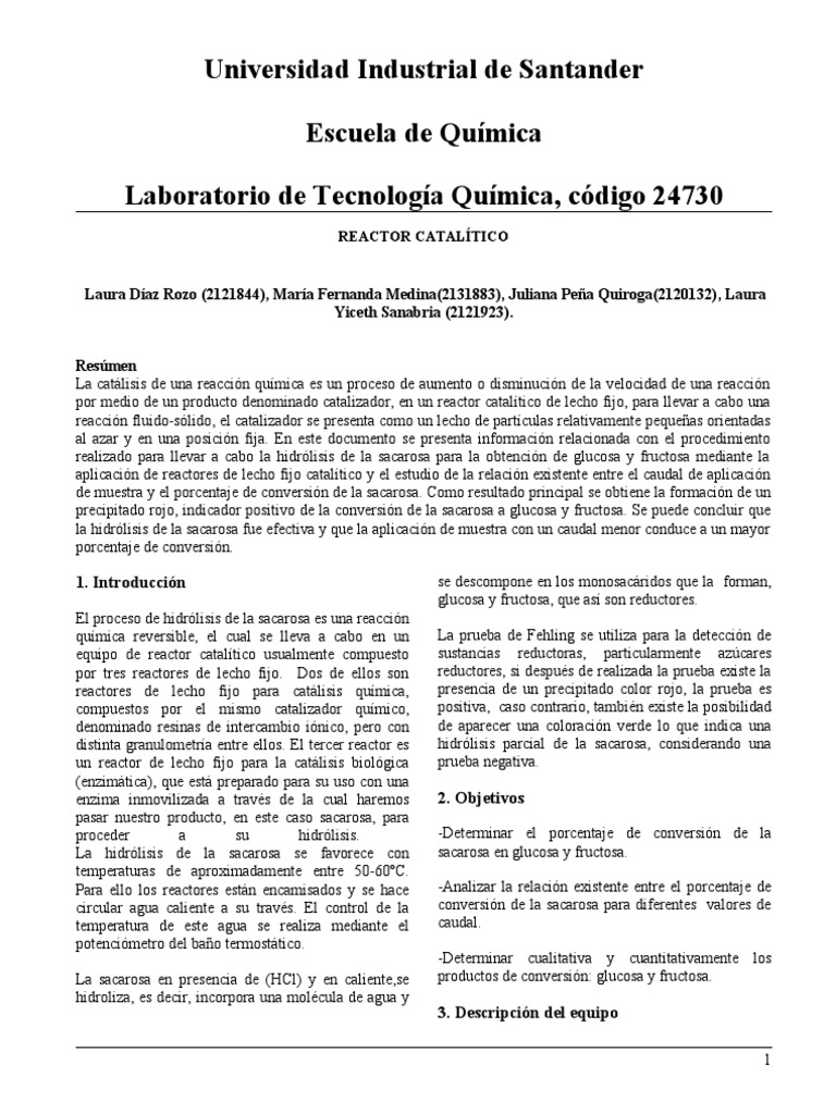 Informe No.2. Lab. Tecnología | PDF | Catálisis | Concentración