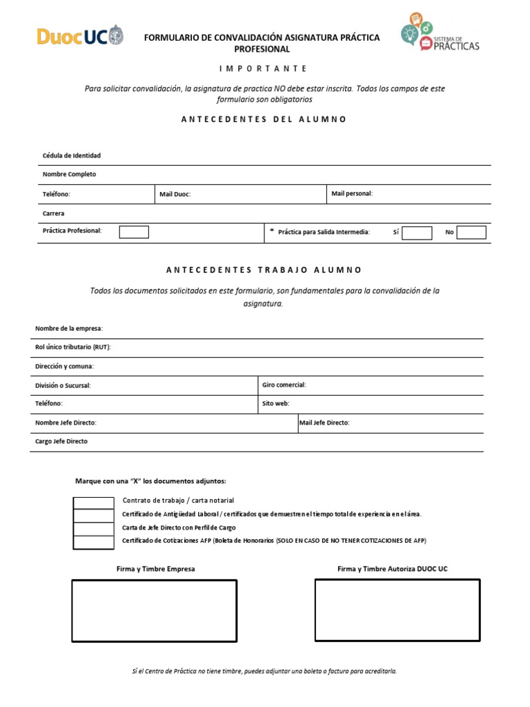 Formulario Convalidación Asignatura Práctica Profesional PDF | PDF | Documento | Comunicación ...