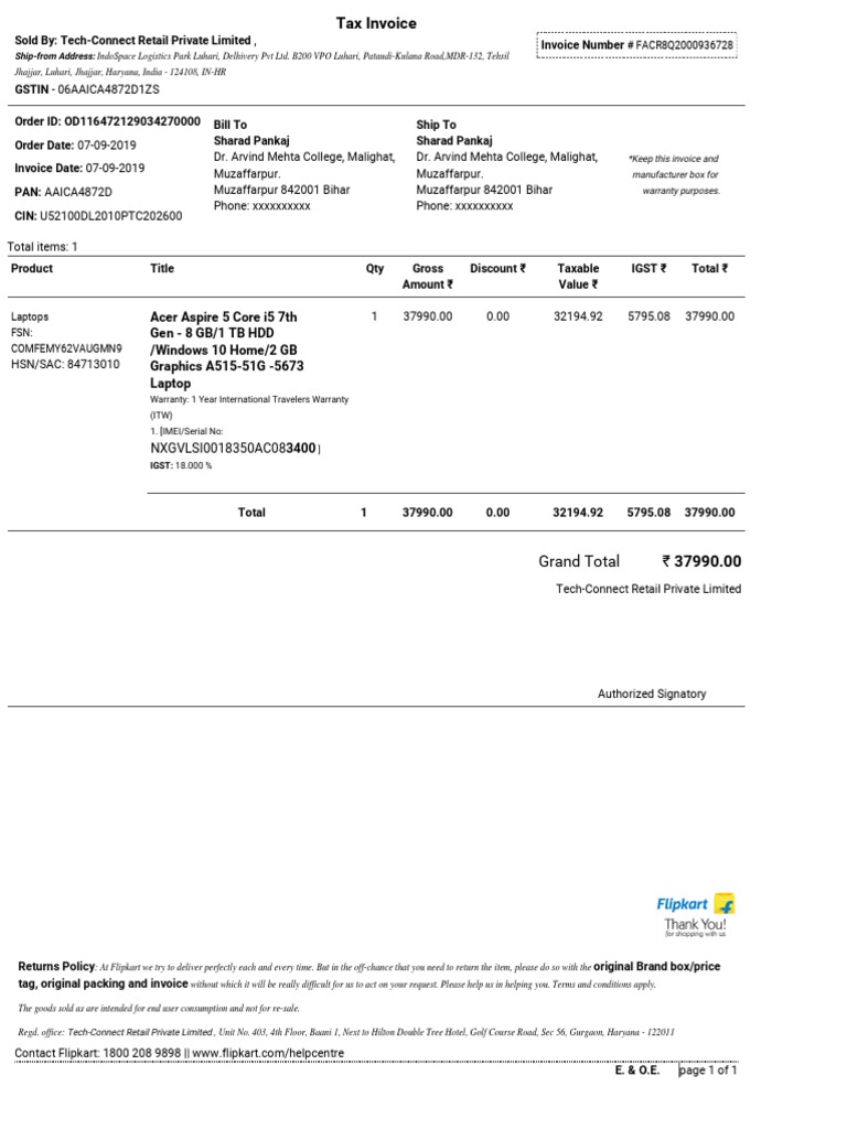 Acer Aspire 5 Invoice - Tech-Connect | PDF | Business | Computing And ...