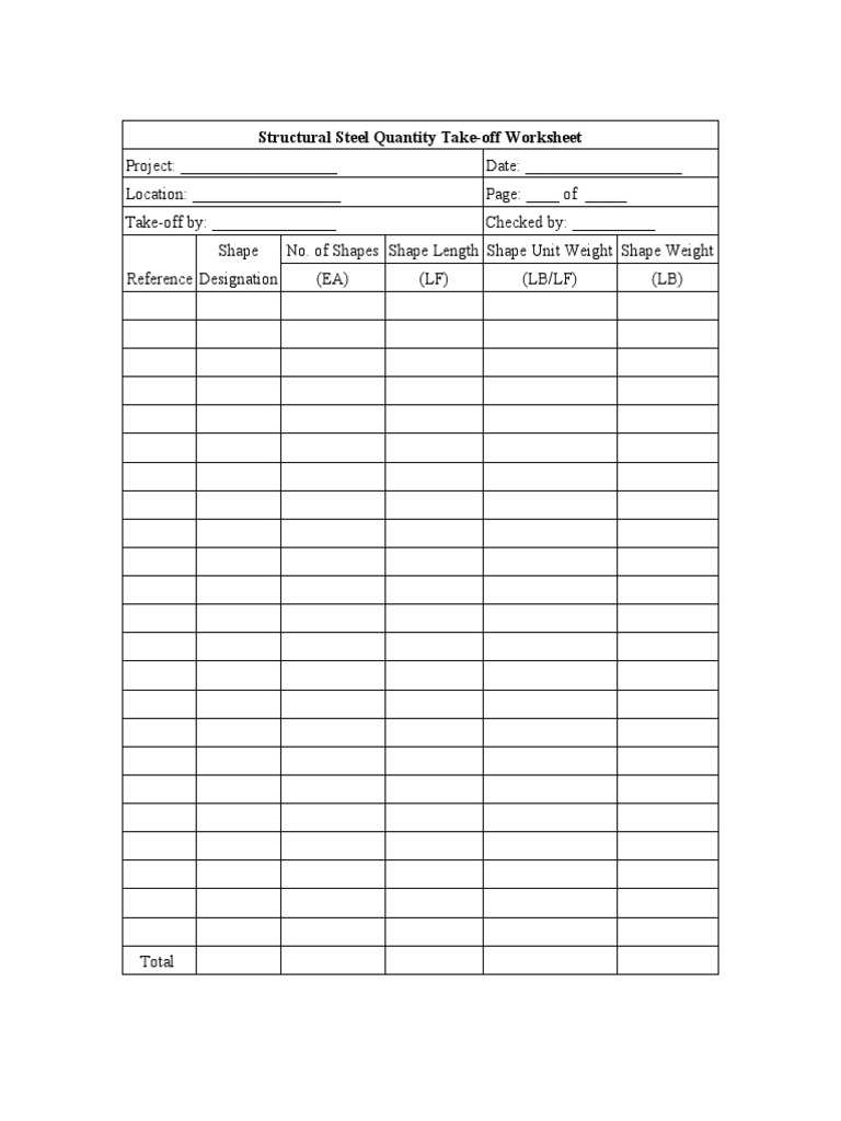Structural Steel Quantity Take-Off Worksheet | PDF