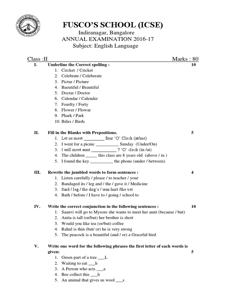 ICSE 2nd STD English Language Sample Question Paper Annual Exam | PDF ...