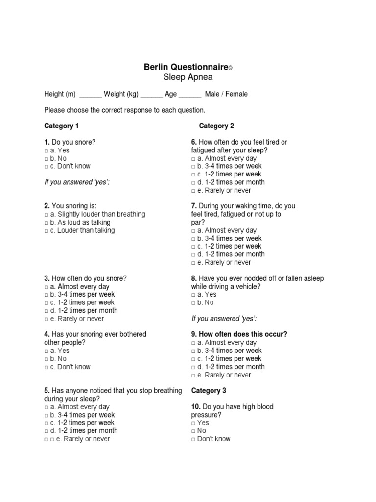 Berlin Questionnaire: Sleep Apnea | PDF | Snoring | Body Mass Index