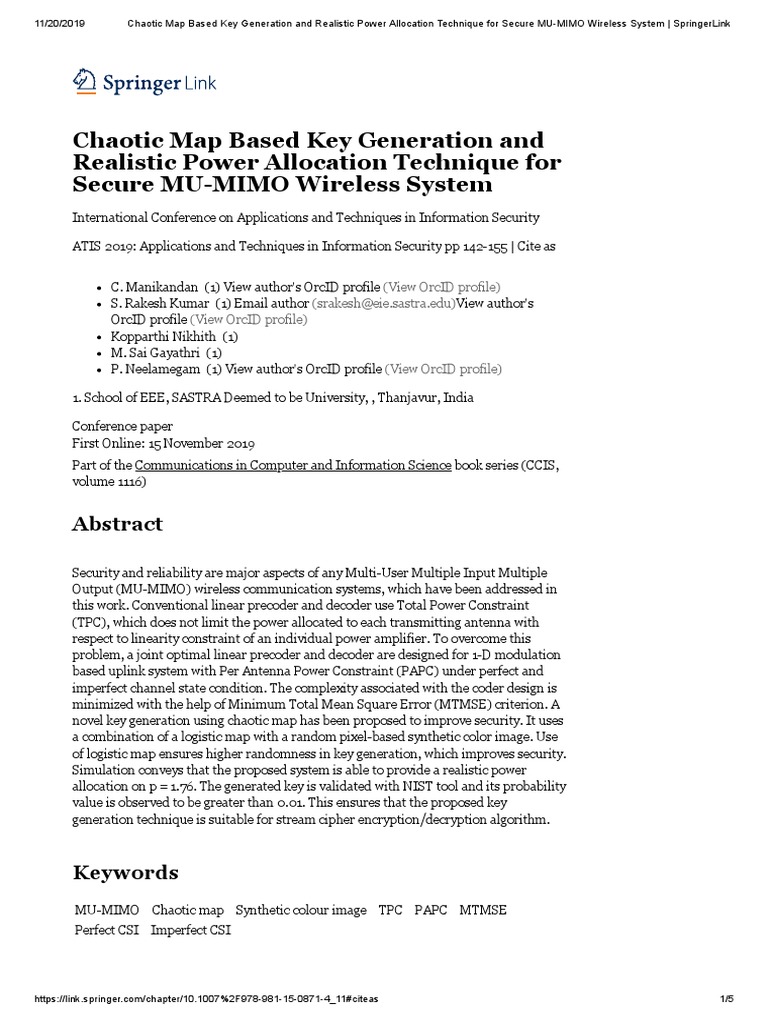 Chaotic Map Based Key Generation and Realistic Power Allocation Technique For Secure MU-MIMO ...