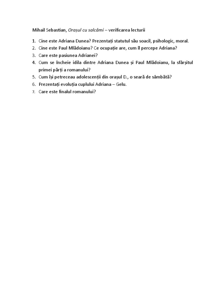 Orasul Cu Salcami - Test Lectura | PDF
