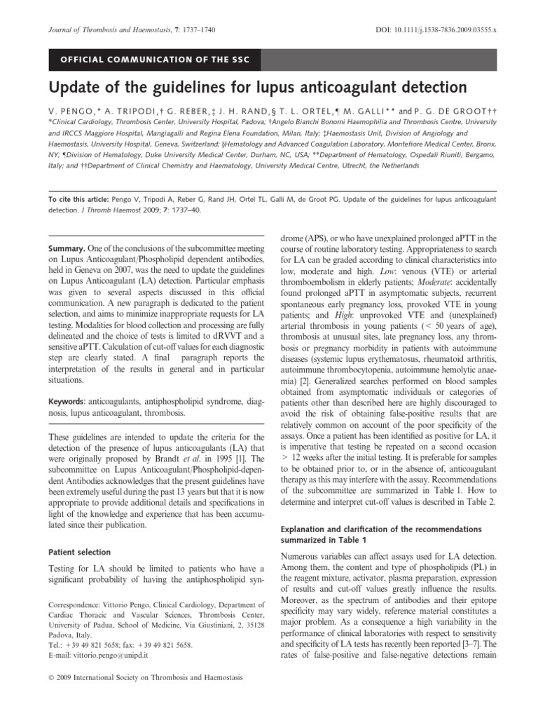 Update of The Guidelines For Lupus Anticoagulant Detection | PDF ...