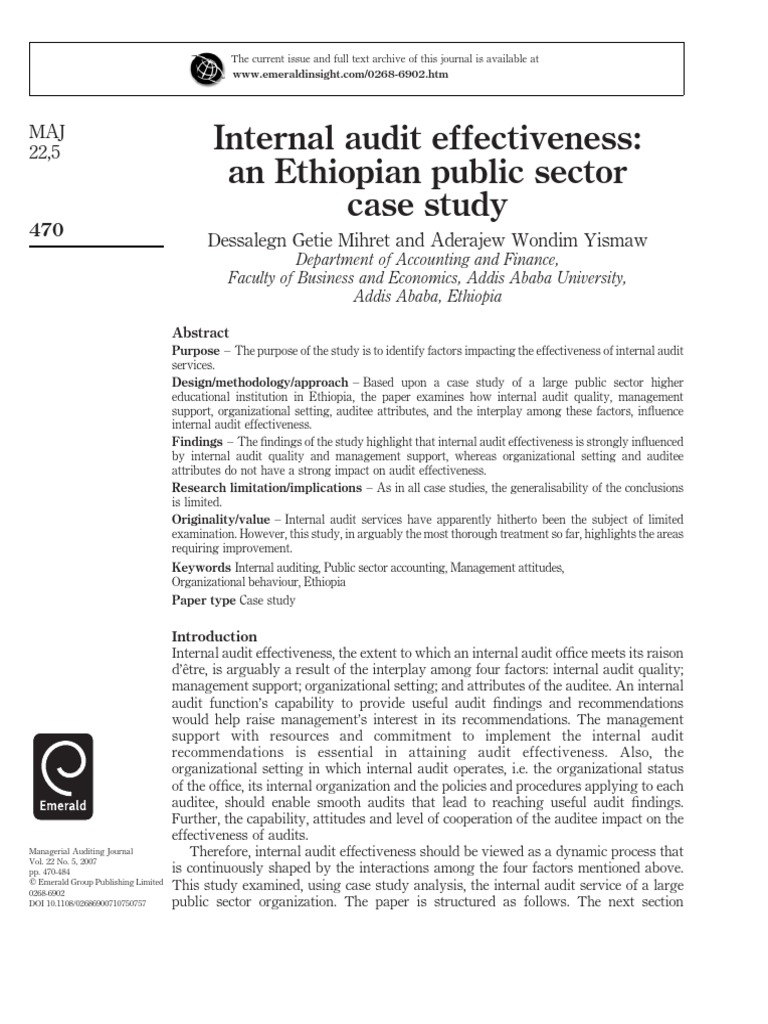 Internal Audit Effectiveness: An Ethiopian Public Sector Case Study | PDF | Internal Audit ...