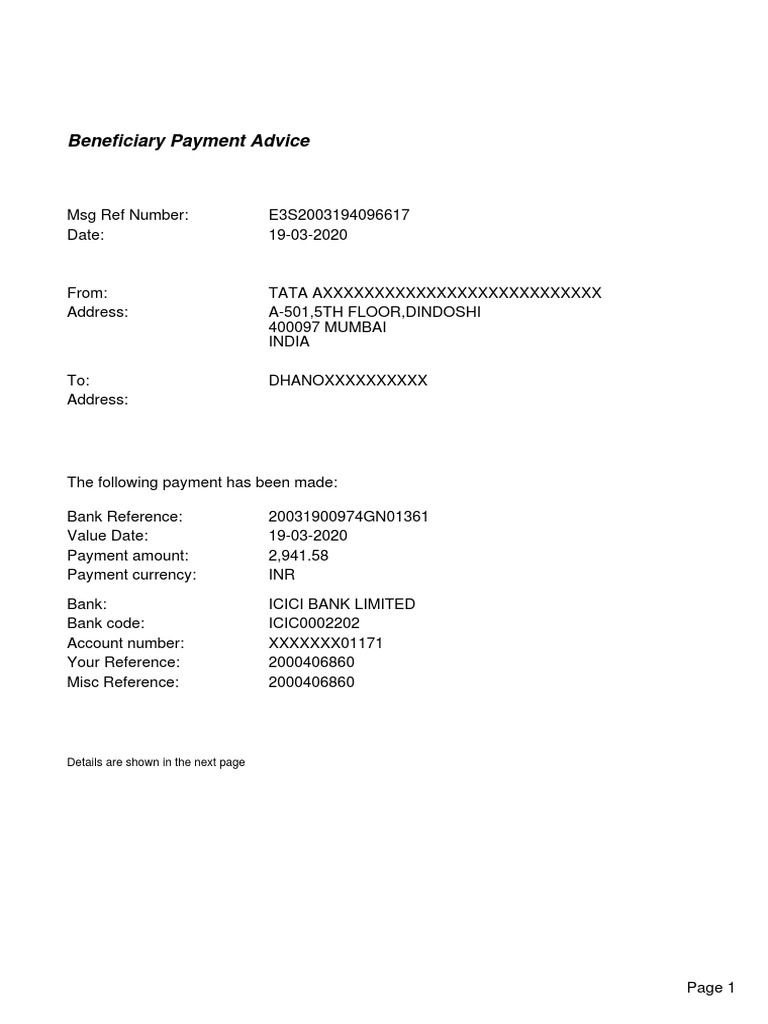 Beneficiary Payment Advice: Details Are Shown in The Next Page | PDF