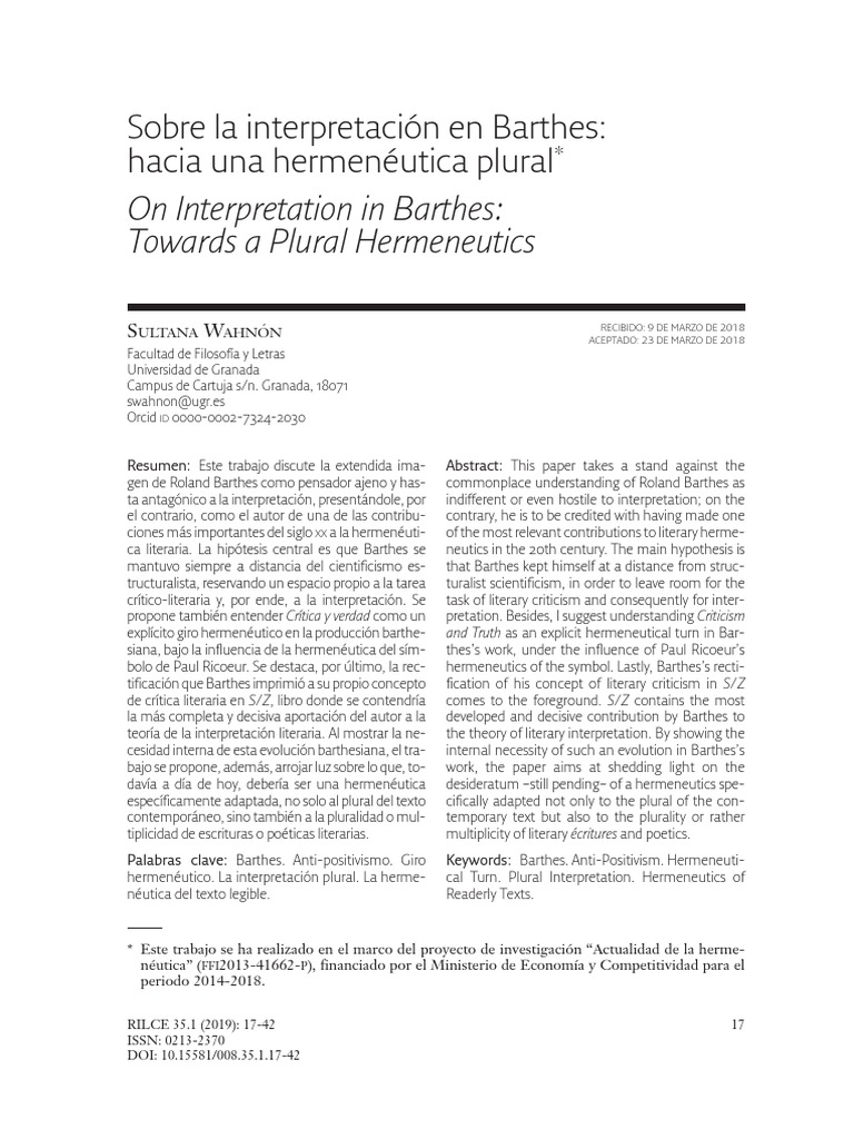 La Interpretacion en Barthes PDF | PDF | Crítica literaria | Verdad