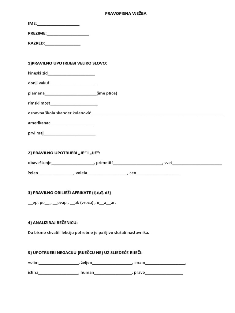 Pravopisna Vježba | PDF