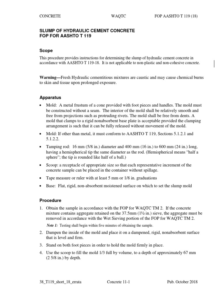 Slump of Hydraulic Cement Concrete Fop For Aashto T 119 | PDF ...