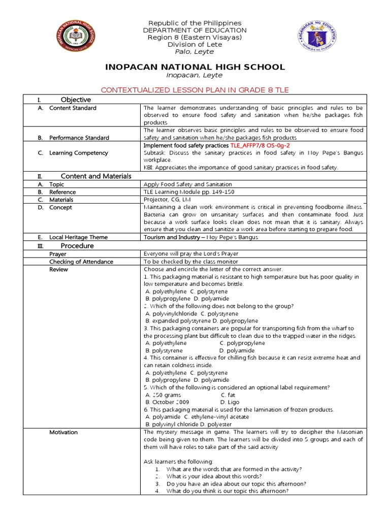 Lesson Plan in Contextualization Quarter 3 | PDF | Food Safety | Sanitation