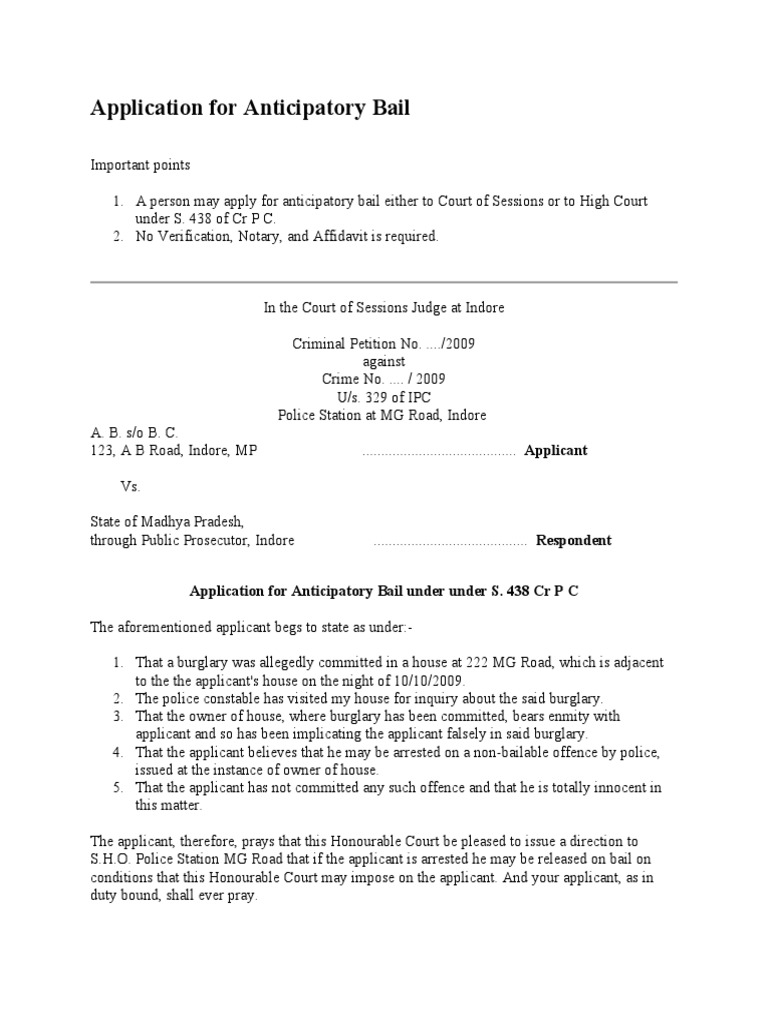 Application For Anticipatory Bail Under Under S. 438 CR P C | Download ...