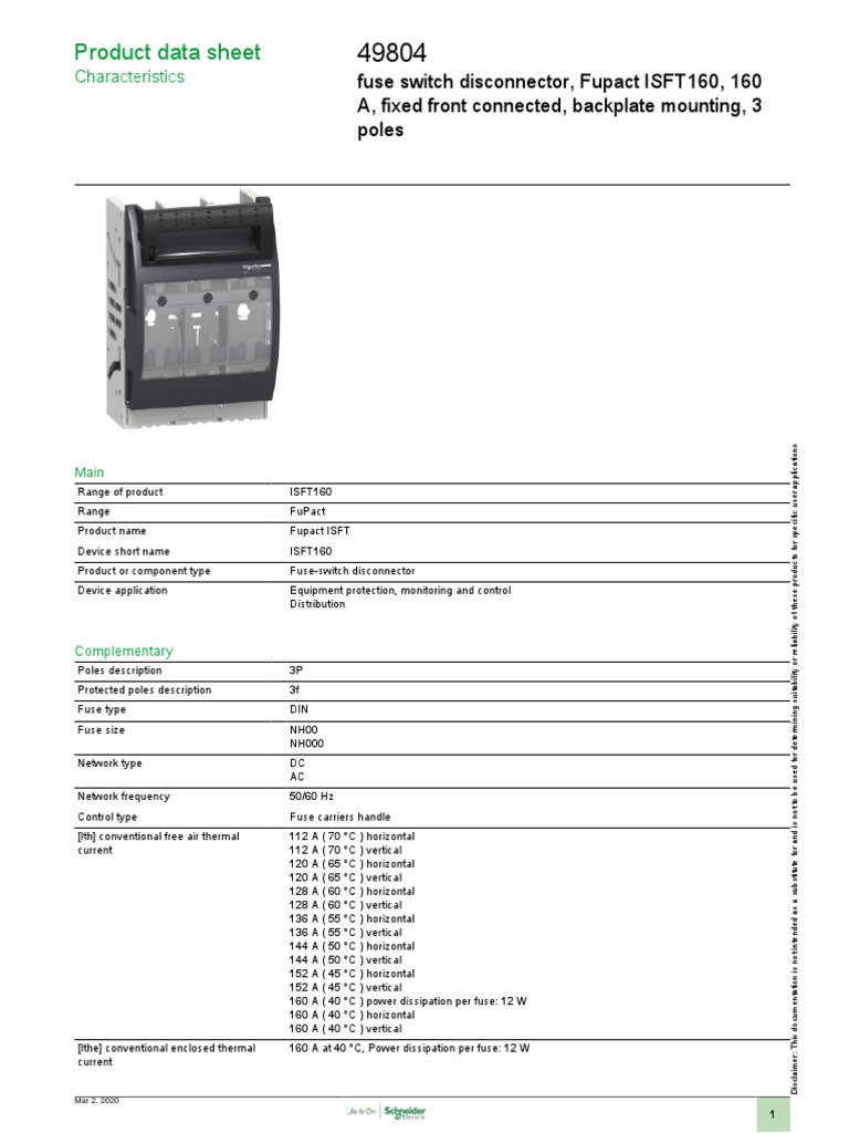 Product Data Sheet: Fuse Switch Disconnector, Fupact ISFT160, 160 A, Fixed Front Connected ...