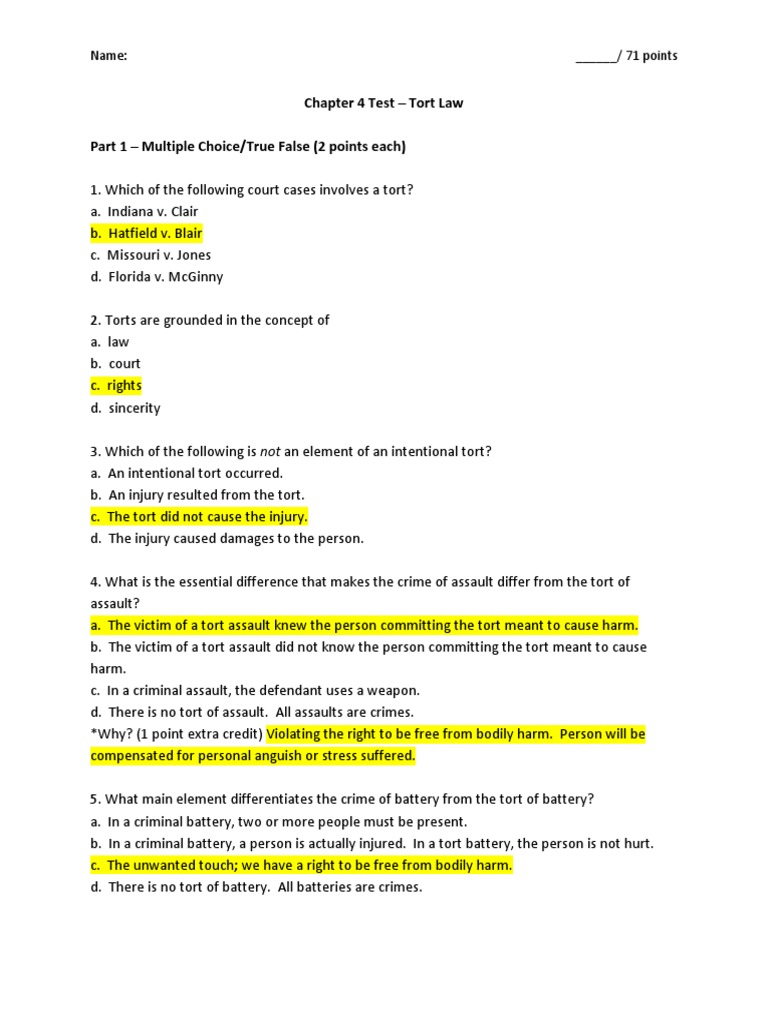 Chapter 4 Test - Tort Law Part 1 - Multiple Choice/True False (2 Points ...