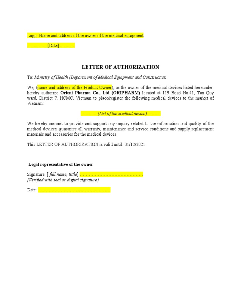 Letter of Authorization: ............... (List of The Medical Device ...