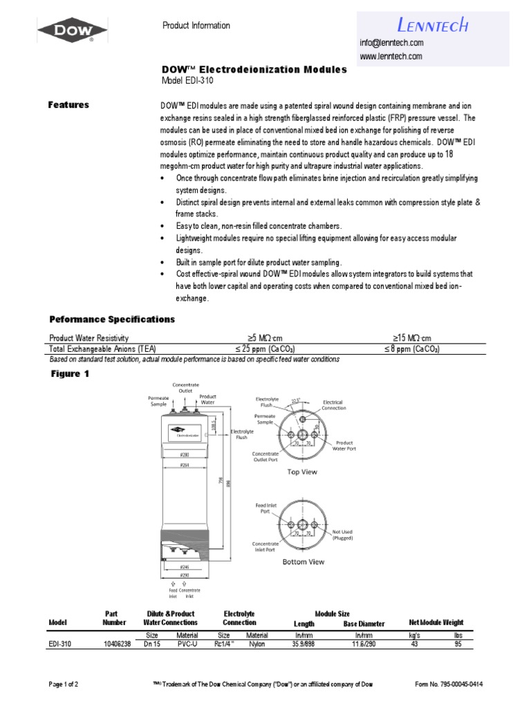 DOW™ Electrodeionization Modules: Product Information | PDF | Water ...