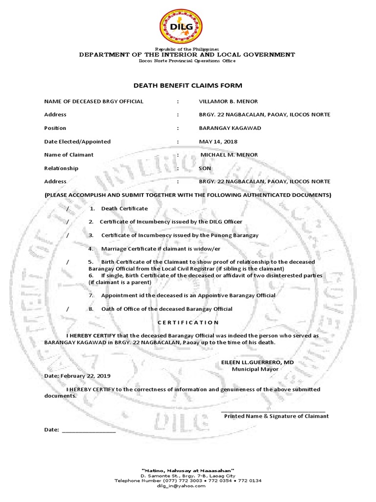 Death Benefit Claims Form: Republic of The Philippines Ilocos Norte ...