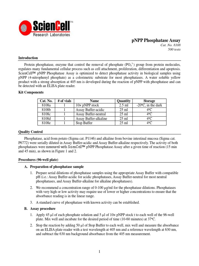 PNPP Phosphatase Assay: Cat. No. 8108 500 Tests | PDF | Assay | Buffer ...
