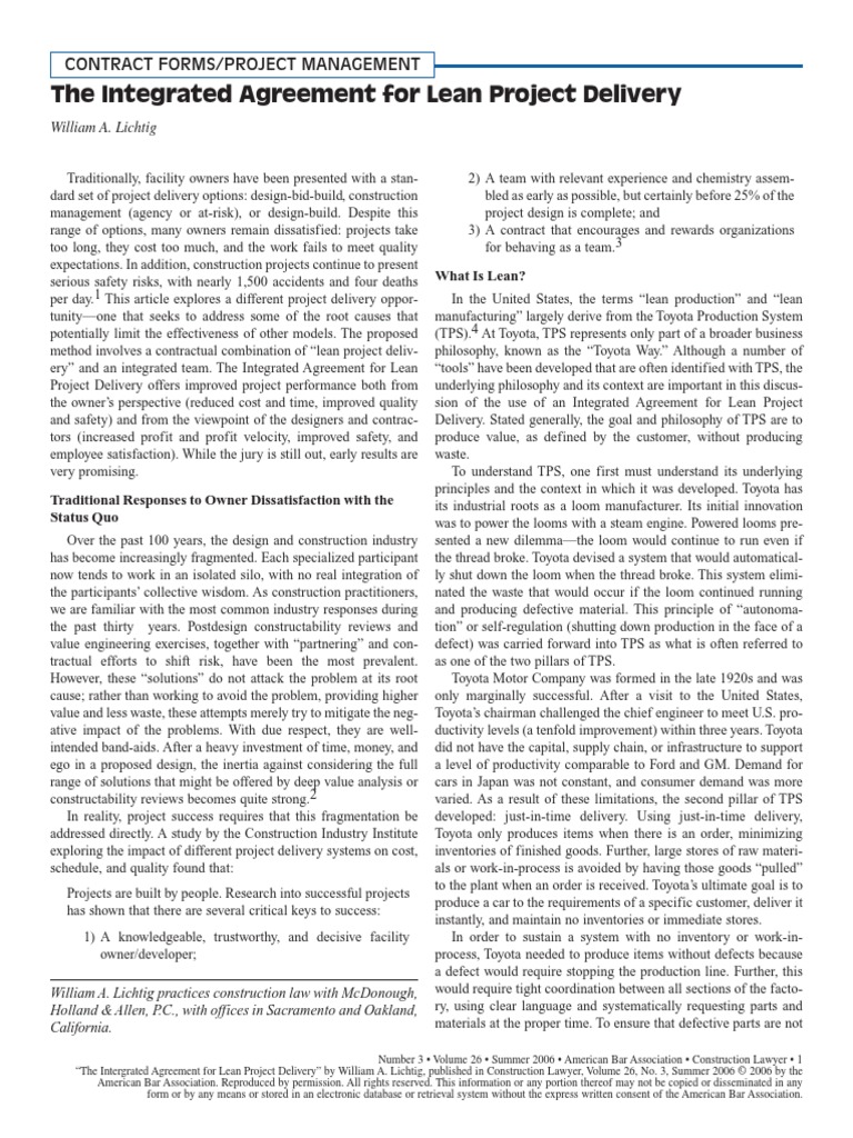 The Integrated Agreement For Lean Project Delivery: Contract Forms ...