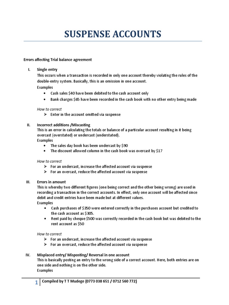 Suspense Accounts: Errors Affecting Trial Balance Agreement I. Single ...