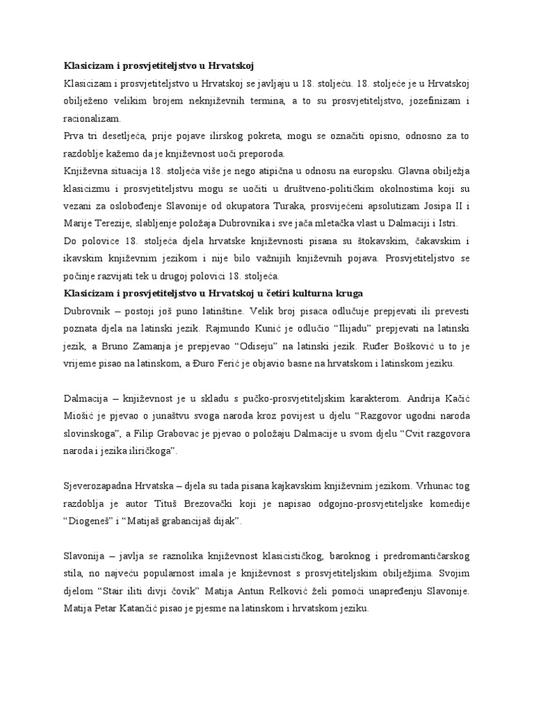 Klasicizam I Prosvjetiteljstvo U Hrvatskoj | PDF