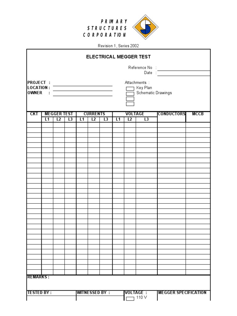 Eletrical Megger Test Form Rev 2,090402 For Stencil | PDF