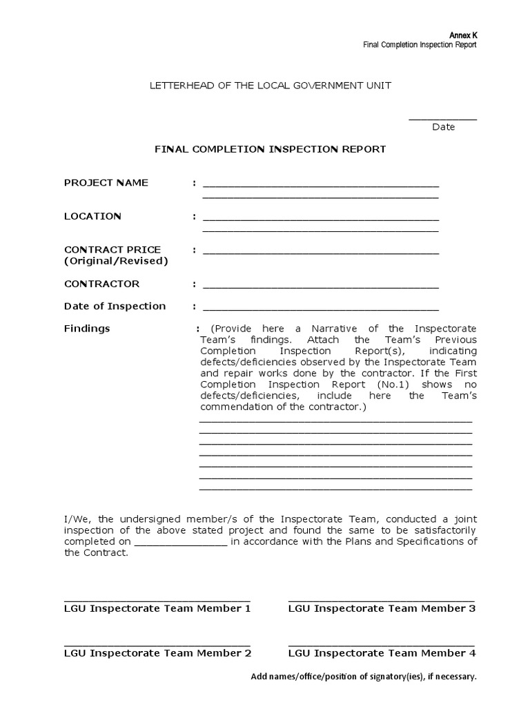 Annex K - Final Completion Inspection Report | PDF | Business