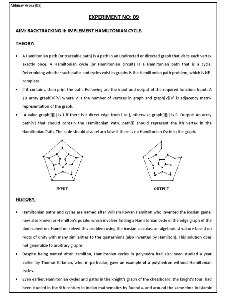 Experiment No: 09: Aim: Backtracking Ii: Implement Hamiltonian Cycle ...