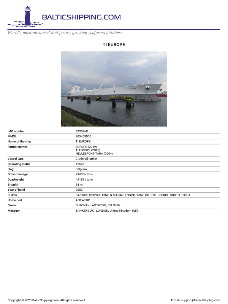 Vessel Particulars TI EUROPE IMO No. 9235268 | PDF | Technology ...