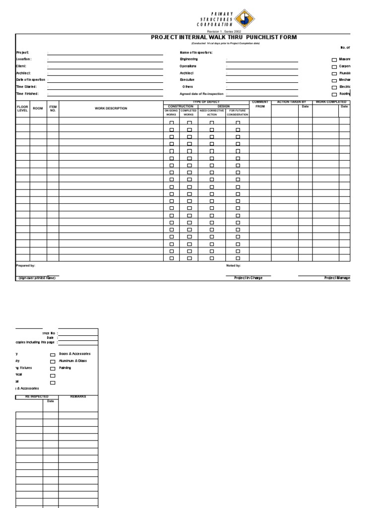 Project Internal Walk Thru Punchlist Form: Primary Structures ...
