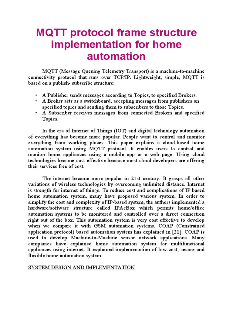 MQTT Protocol Frame Structure Implementation For Home Automation ...