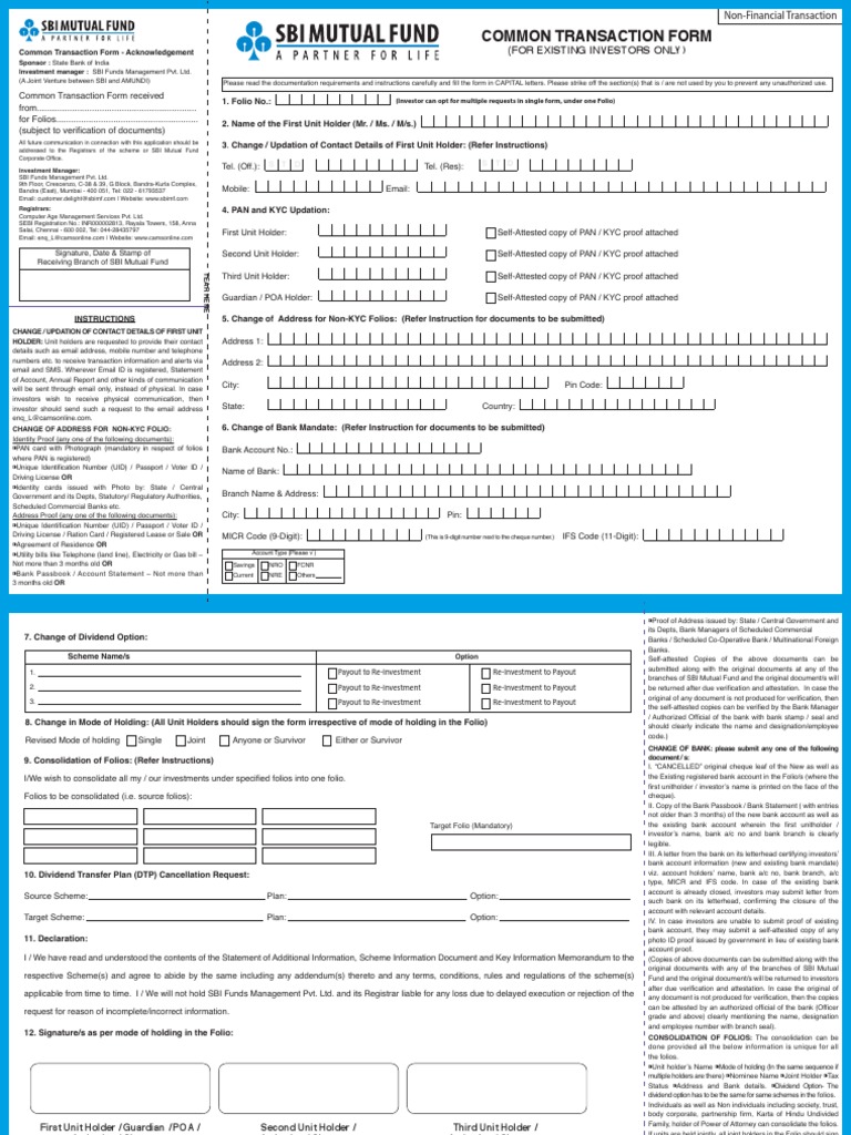 SBI MF COMMON Transaction Form COA & COB | PDF | Identity Document | Banks