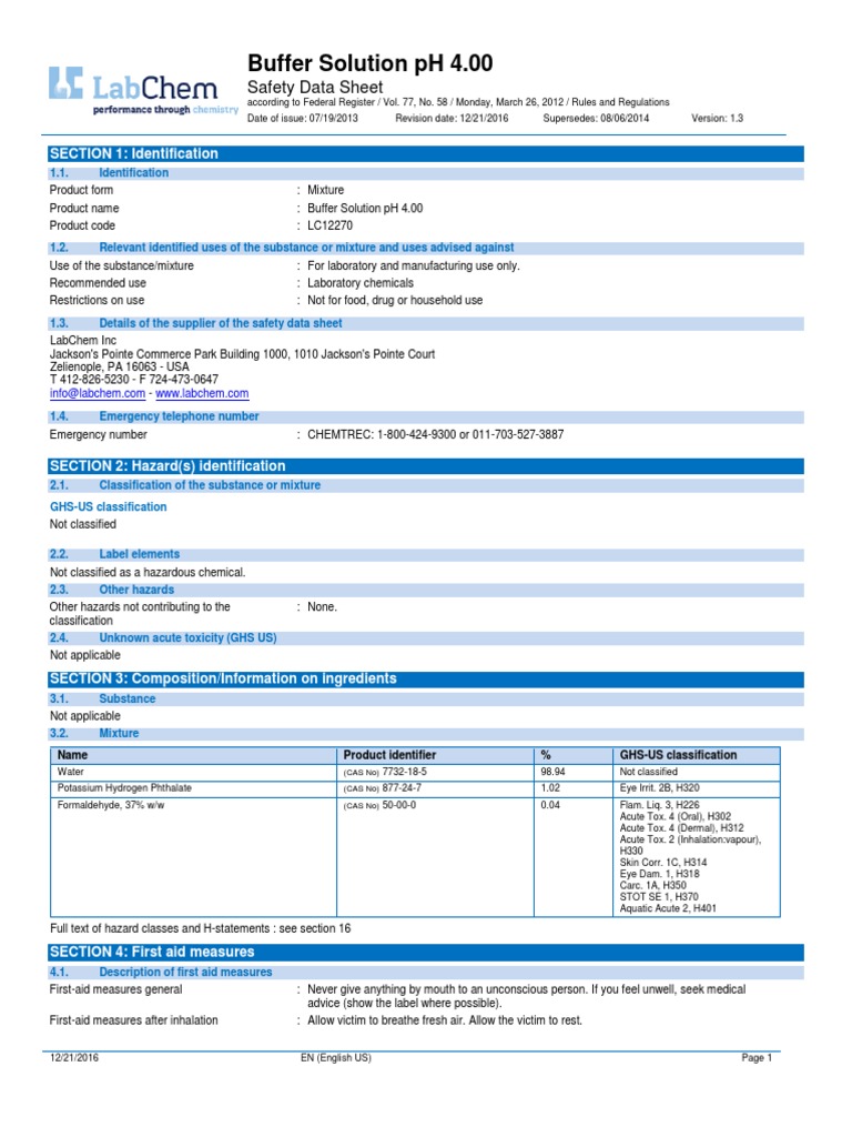 Buffer Solution PH 4.00: Safety Data Sheet | PDF | Toxicity | Firefighting